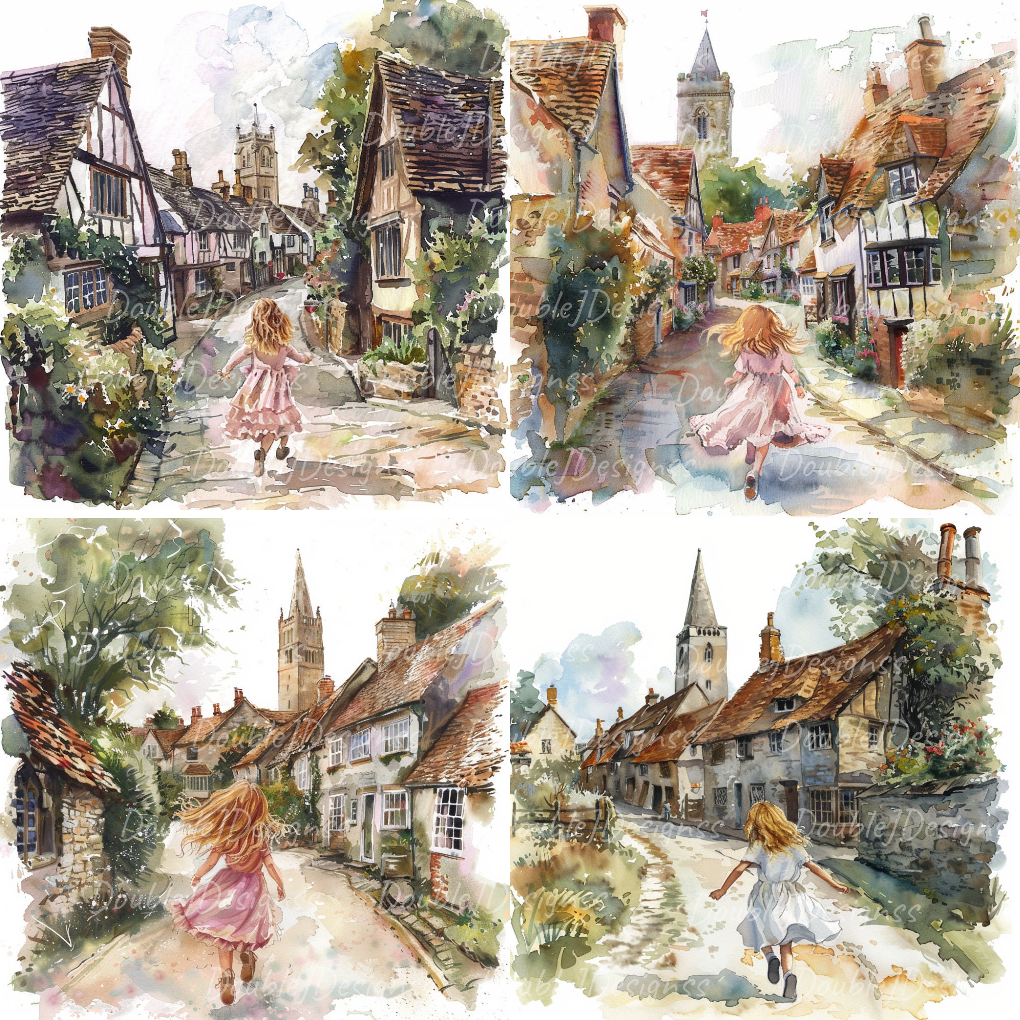Girl in Old British Village , Clipart Bundle 18 High Quality Watercolor ...