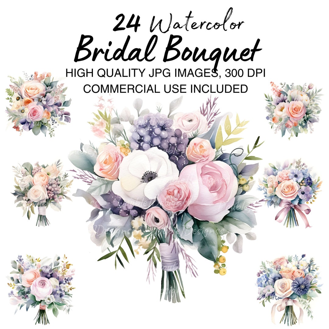 Bridal Bouquet Watercolor, Wedding Flowers Clipart - 10 High Quality ...