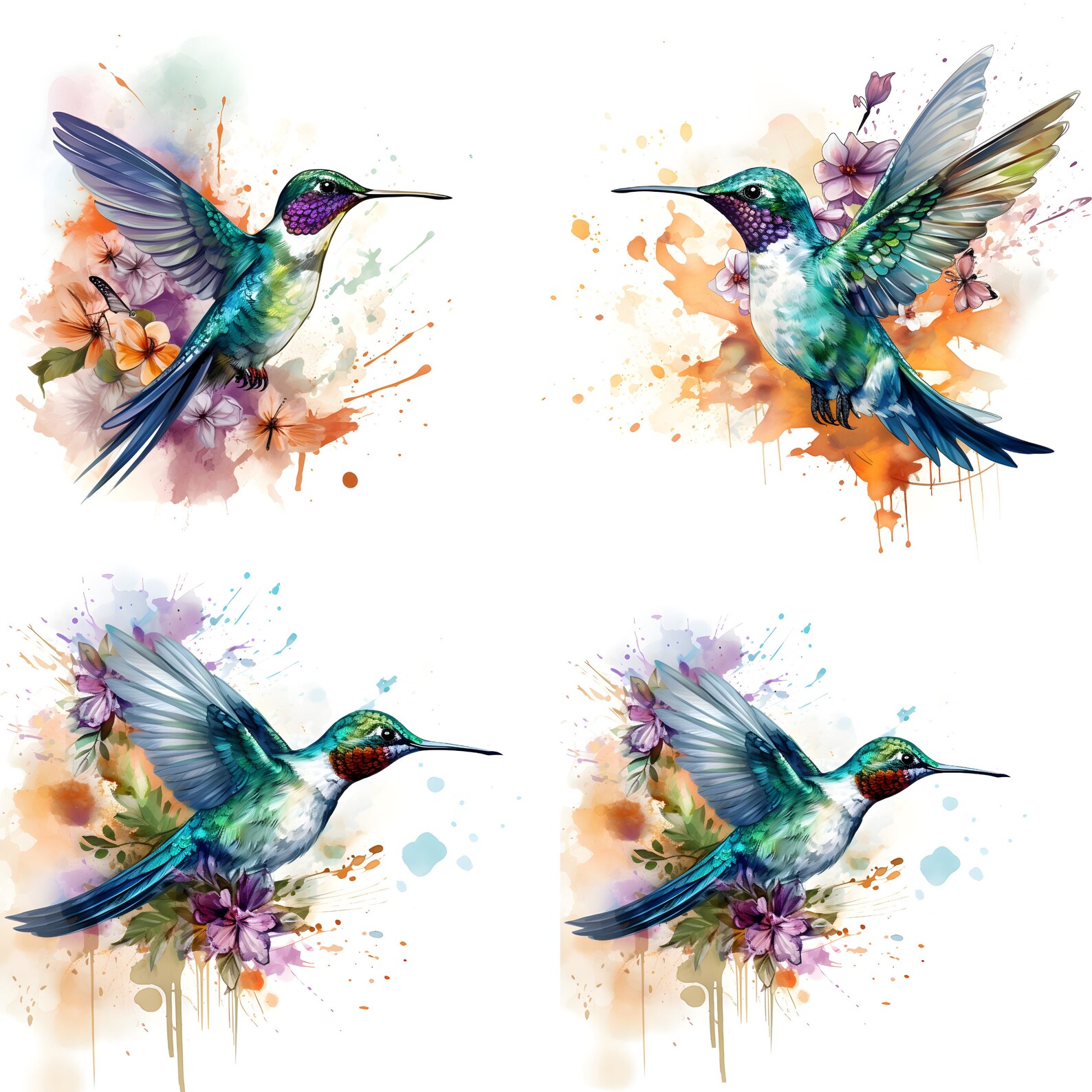 22 Color Hummingbird Clipart , Adorable Colibri, Printable Watercolor ...