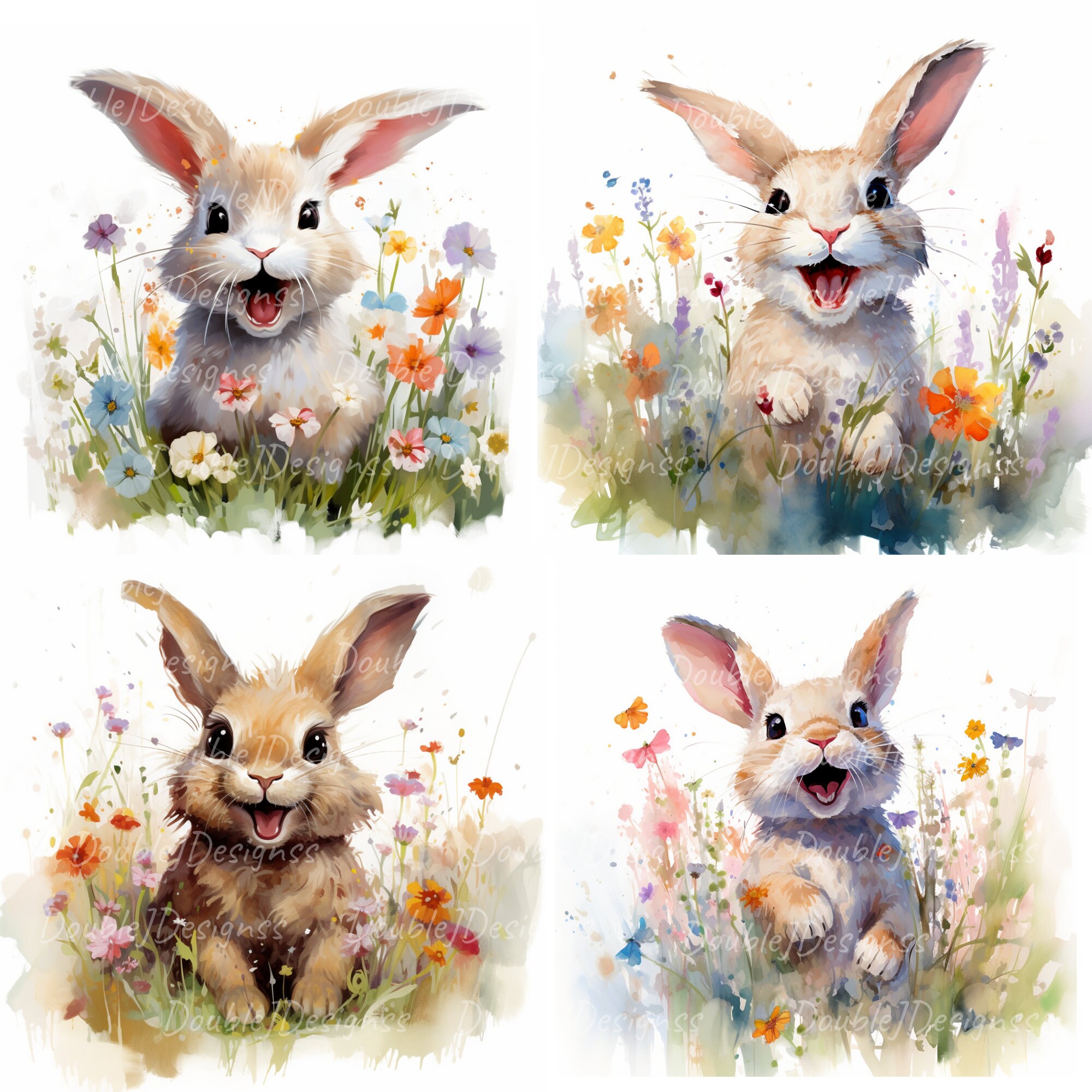 22 Smiling Bunny Clipart, Funny Rabbit, Printable Watercolor Clipart ...