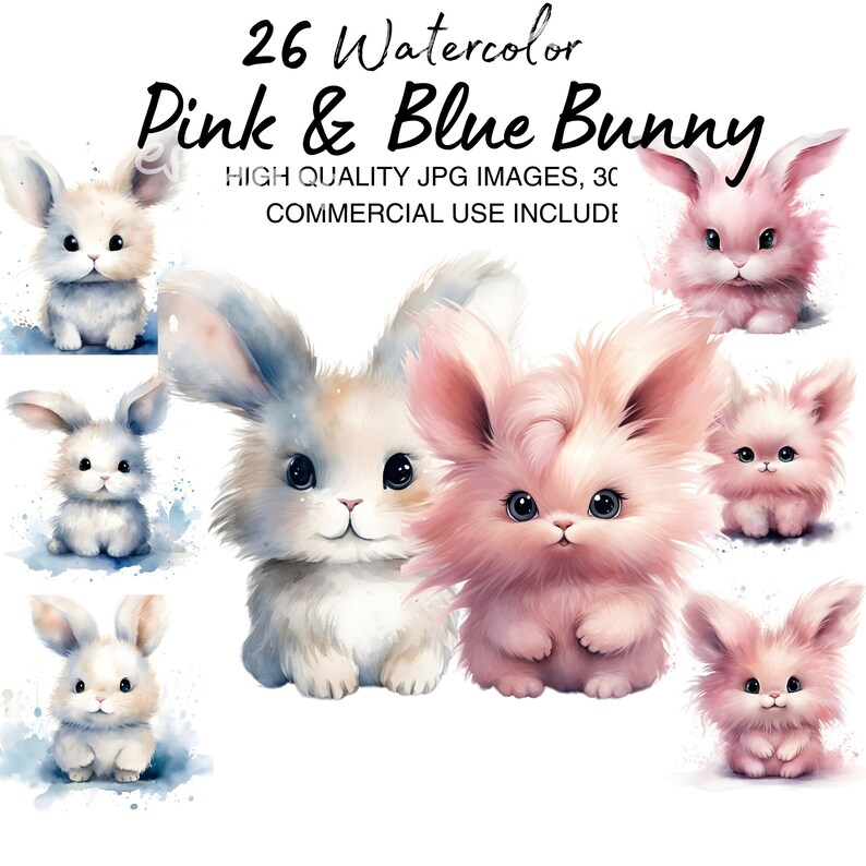 24 Pink and Blue Cute Bunny Clipart, Watercolor Bunny, Printable ...