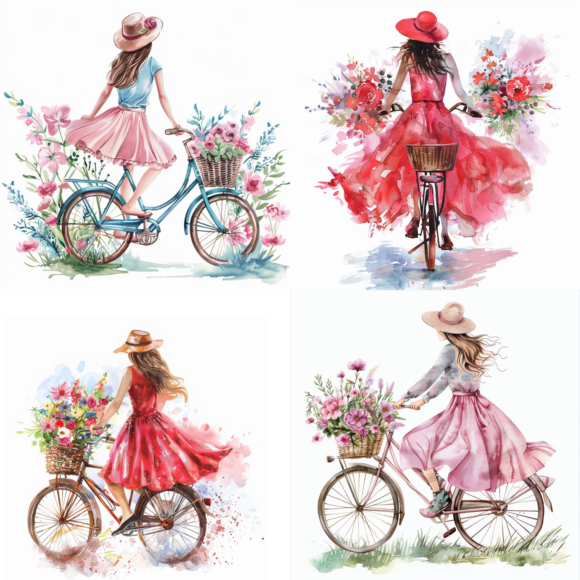 12 Watercolor Woman on Bicycle Clipart - Elegant Floral Ride, Vintage ...