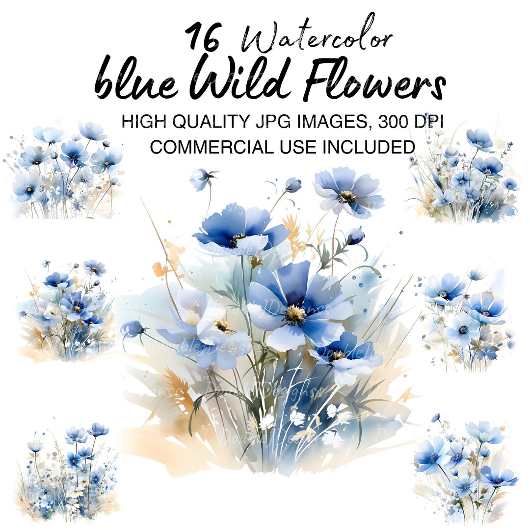 Blue Wildflowers Clipart | Watercolor Floral PNG and JPG | Spring ...