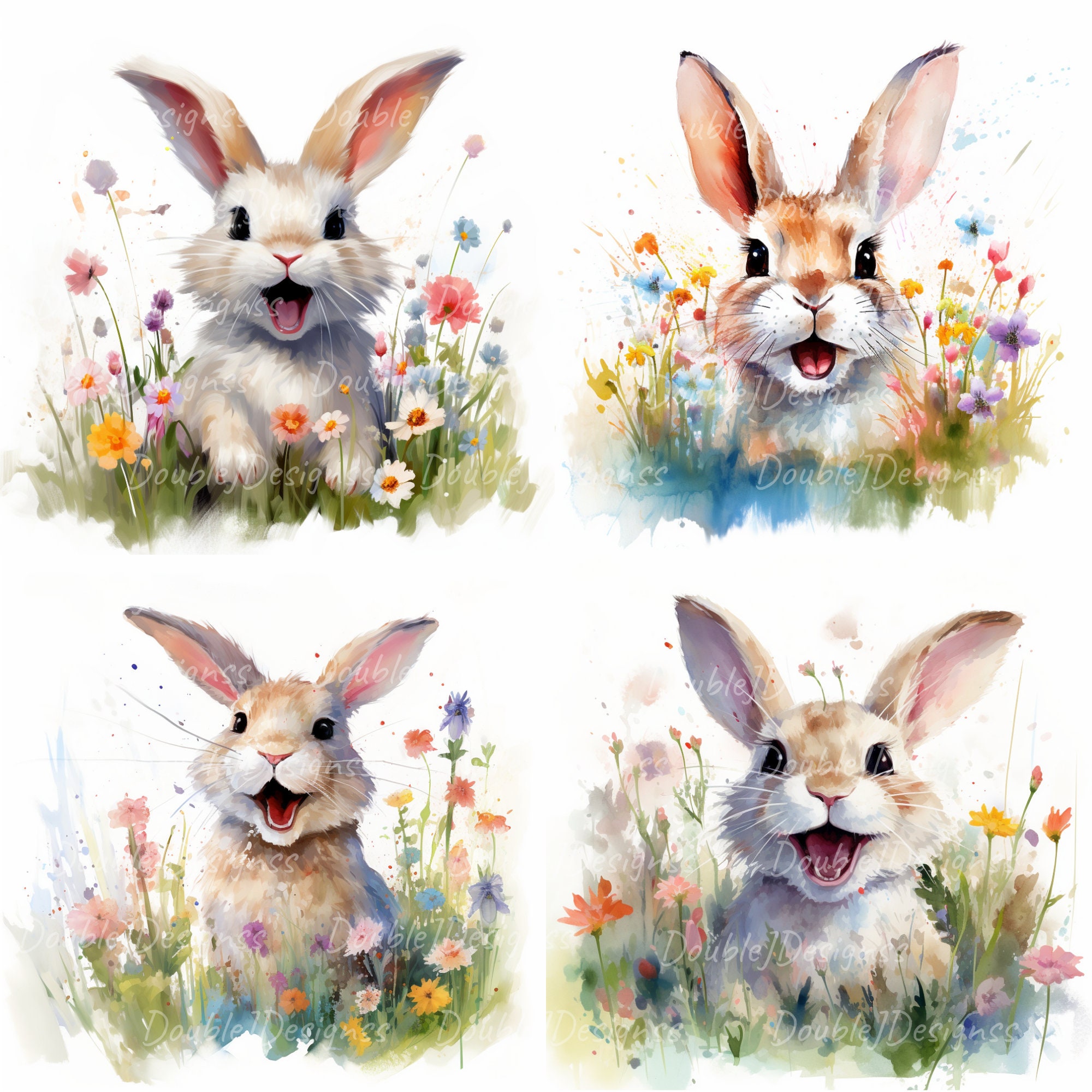 22 Smiling Bunny Clipart, Funny Rabbit, Printable Watercolor Clipart ...