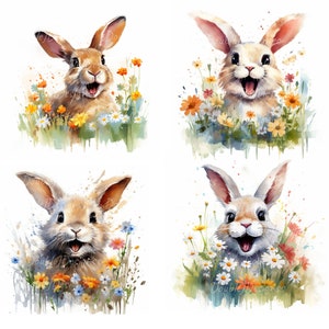 22 Smiling Bunny Clipart, Funny Rabbit, Printable Watercolor Clipart ...
