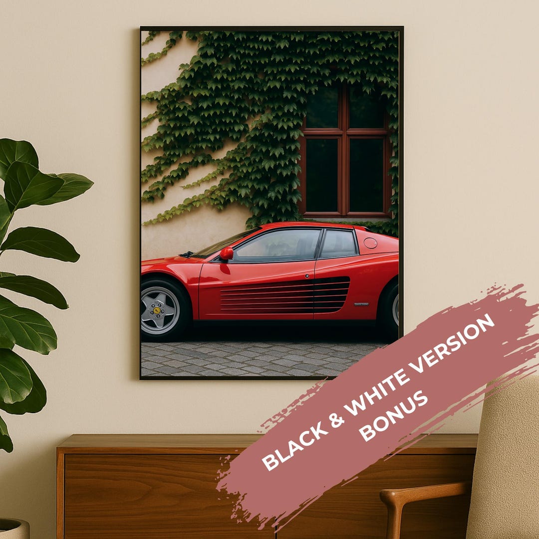 Ferrari Testarossa Poster | Retro Car Wall Art in Red + Bonus B&W ...