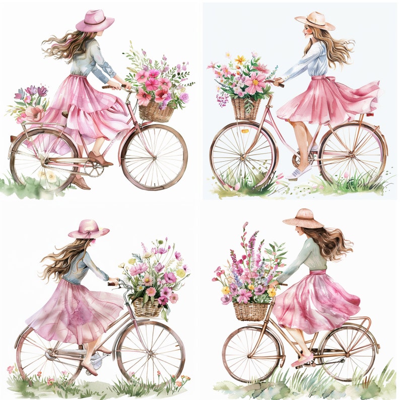 12 Watercolor Woman on Bicycle Clipart - Elegant Floral Ride, Vintage ...