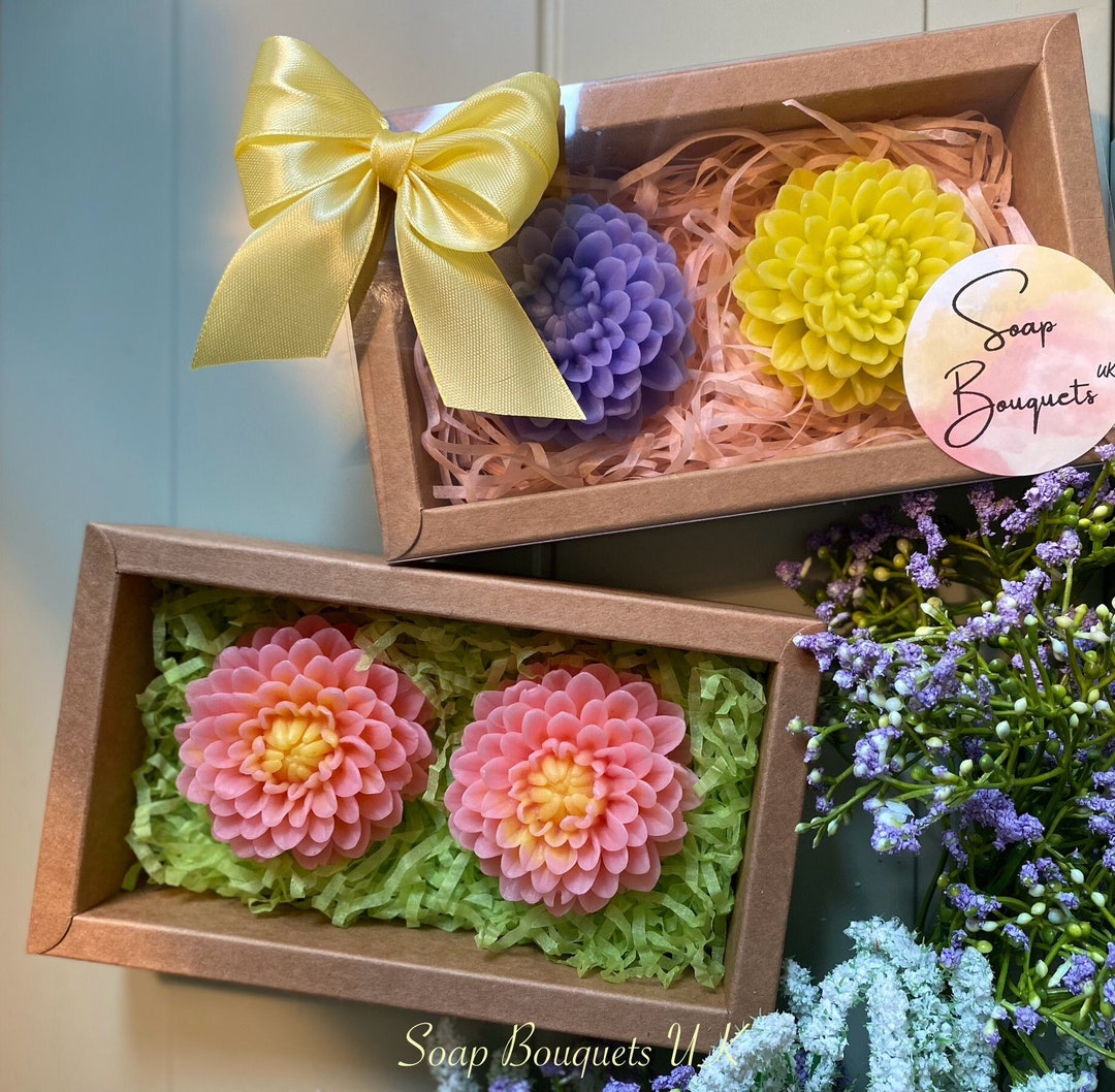 2 X Dahlia Soap Flowers Gift Box | Personalised Soap Gift Set | Flower ...