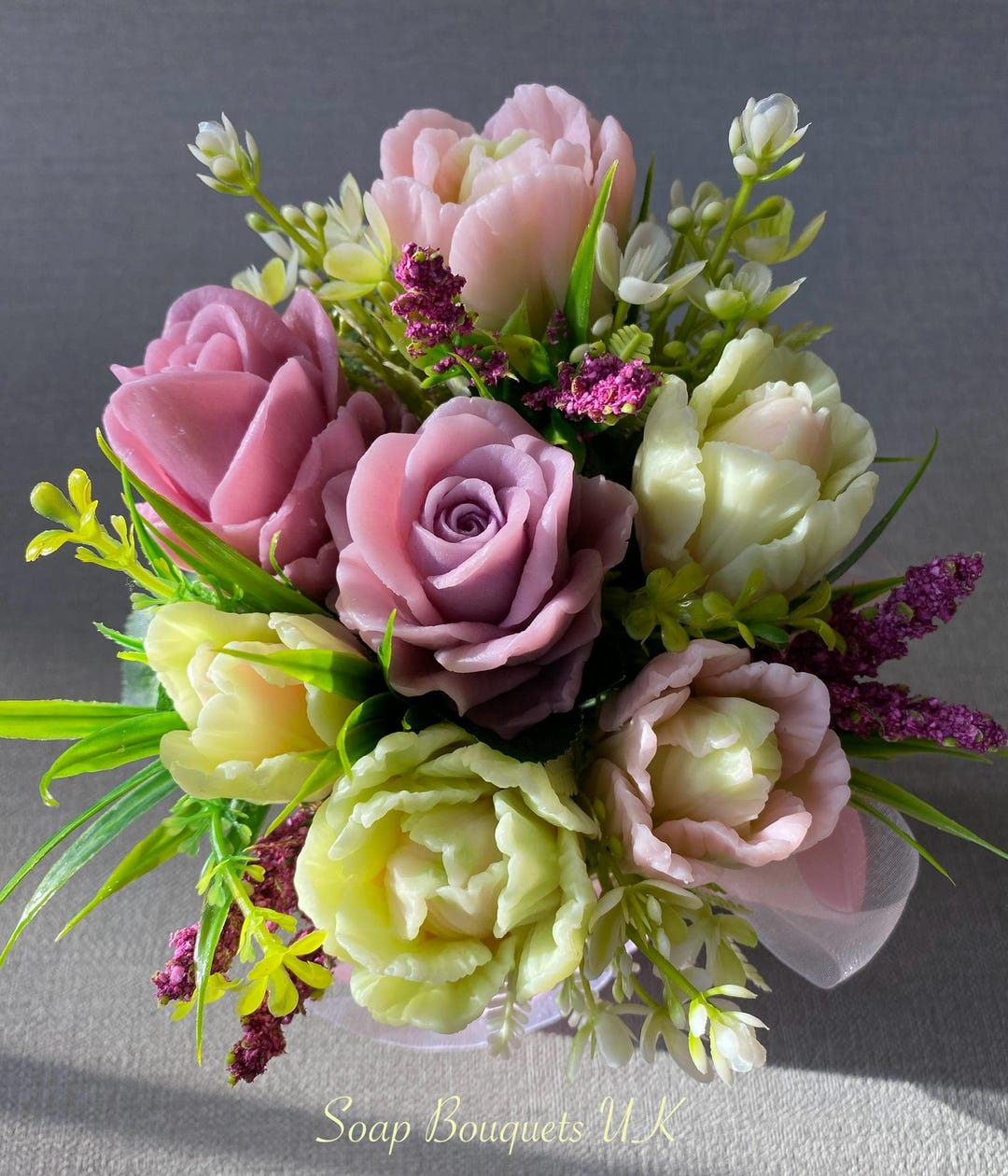 Soap Flowers Charming Bouquet Roses & Double Tulips in Purple and Pink ...