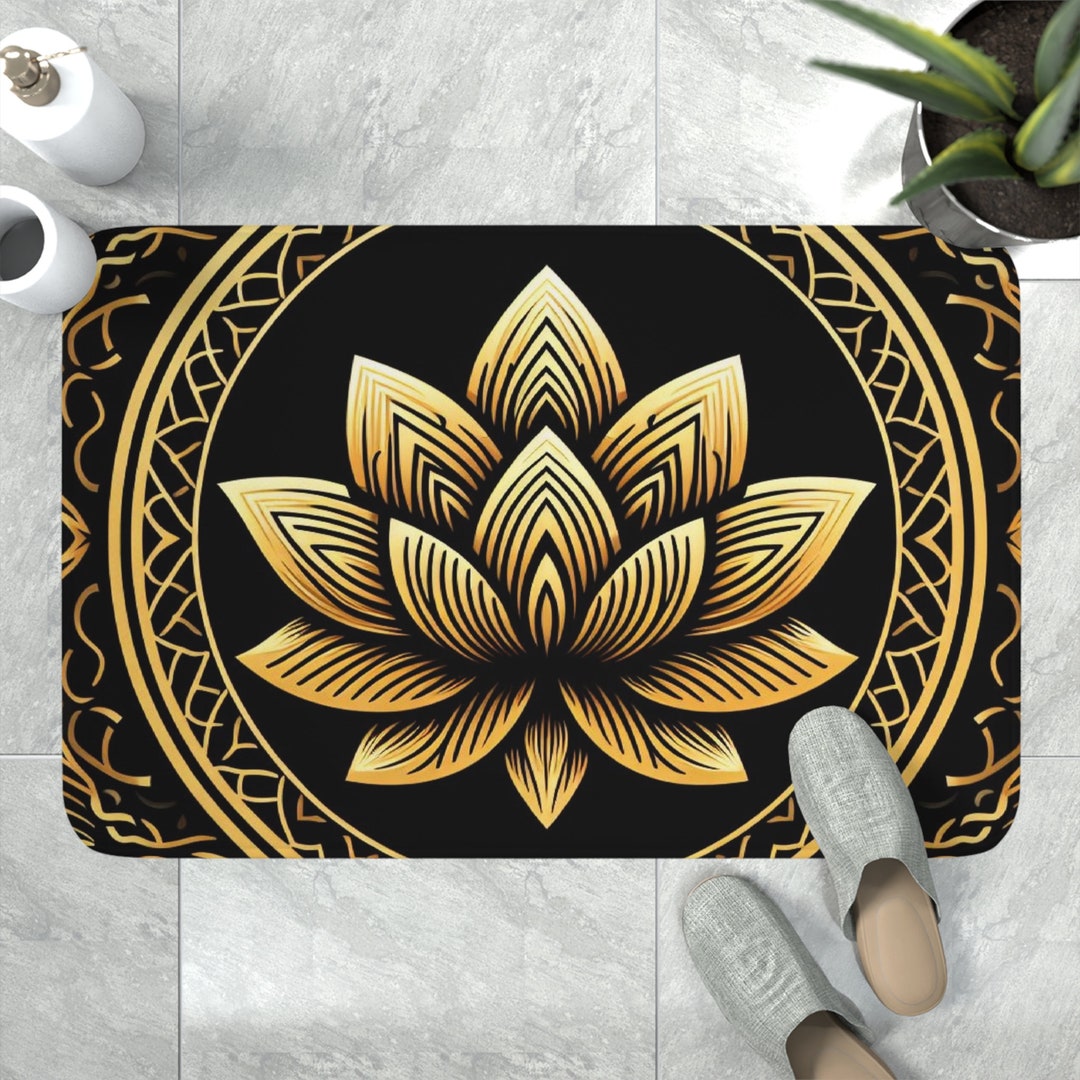 Lotus Flower Memory Foam Bath Mat, Gold and Black Bath Mat, Bathroom ...