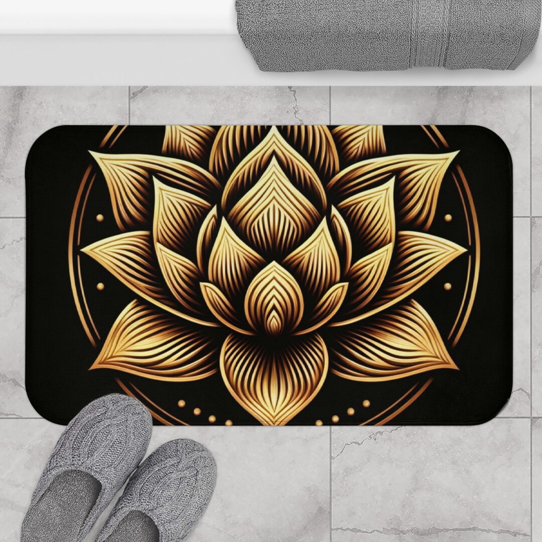 Black and Gold Lotus Bath Mat, Bathroom Rug, Bathroom Decor ...