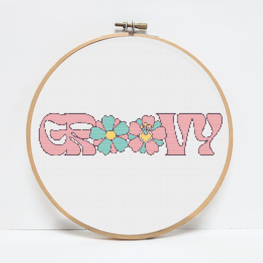 Groovy Cross Stitch Pattern, Boho 70s Floral Embroidery, Typography ...