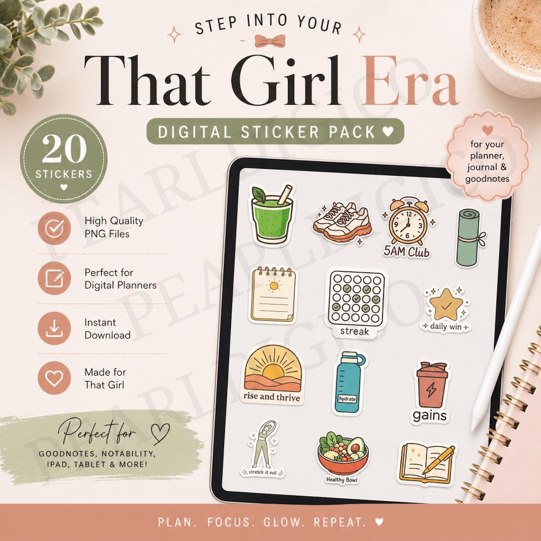 That Girl Digital Stickers Goodnotes, Glow up Planner PNG Bundle, 5AM ...