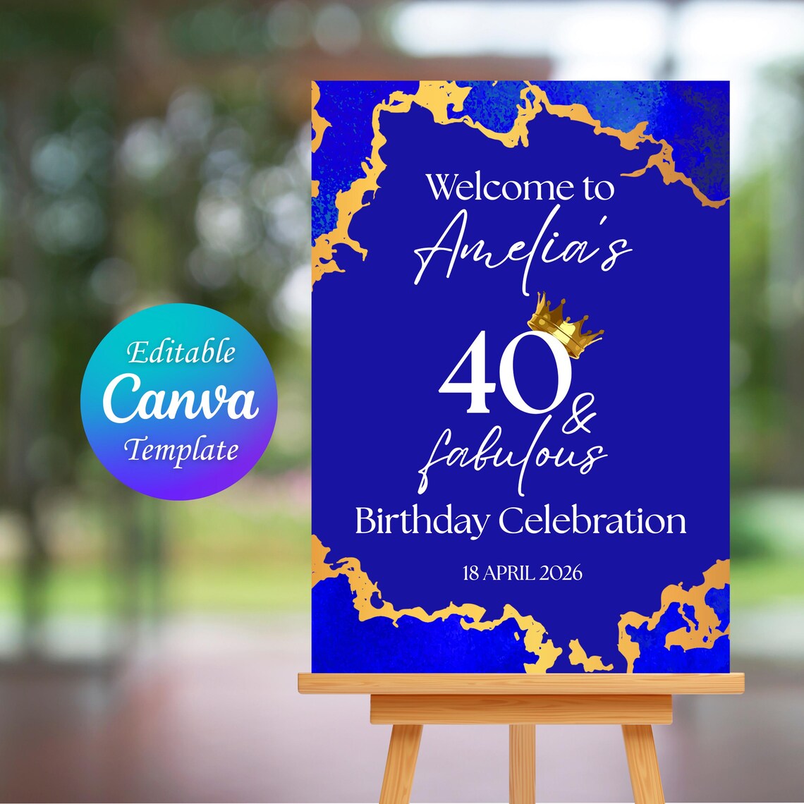 Editable Birthday Sign Template | Blue Gold Foil | Canva Printable ...