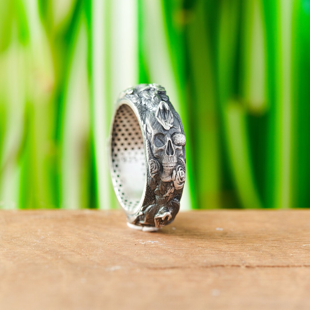 Skull and Roses Ring Men Snake Pinky Ring Sterling Silver Gothic ...