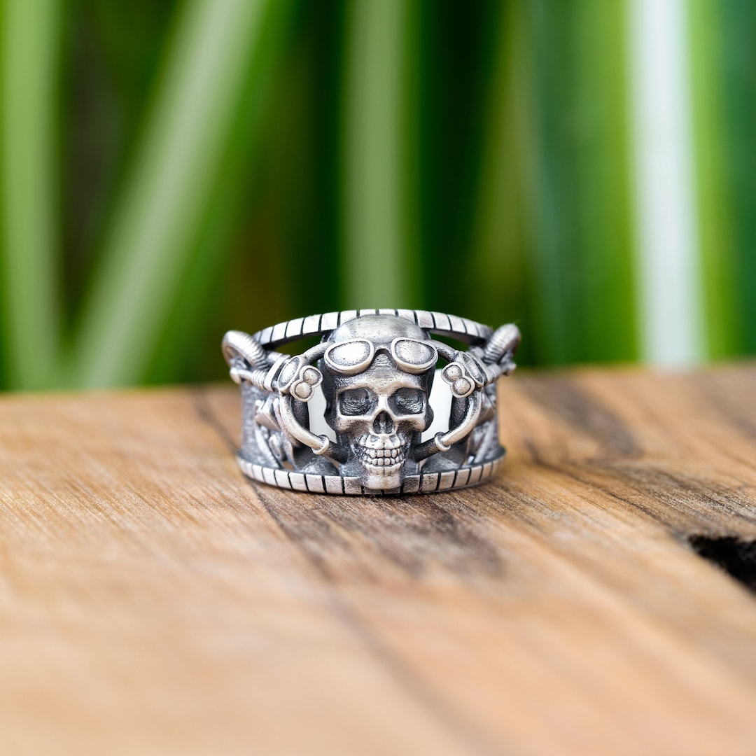 Motorcycle Skull Ring Cool Biker Ring for Men Silver Rider Ring 925 ...