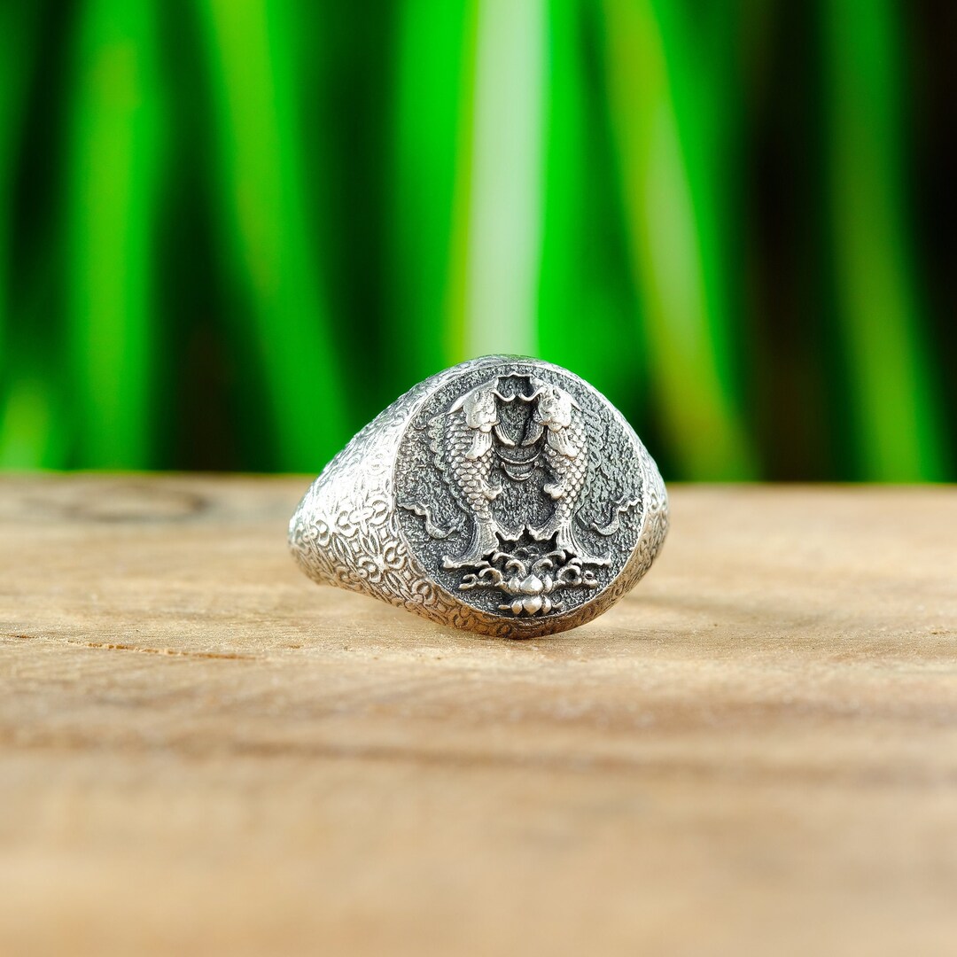 Koi Fish Signet Ring, Carp Japanese Lotus Pinky Ring, Silver Goldfish ...