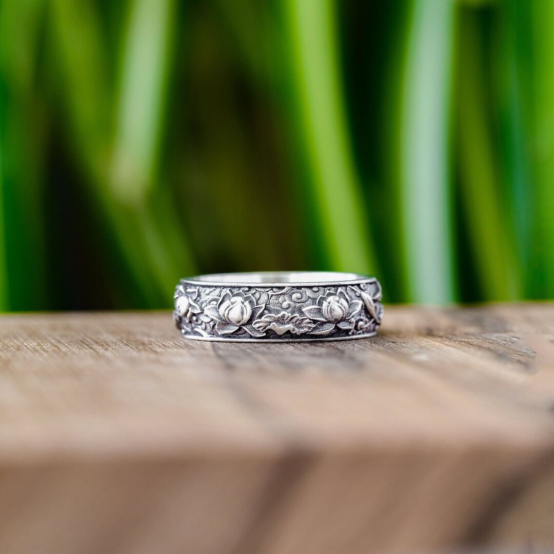 Mens Lotus Flower Ring Japanese Kanji Wedding Ring Unique Promise Rings ...