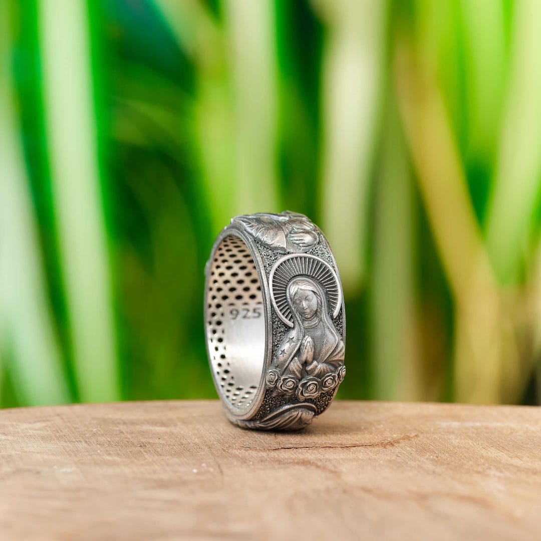 Virgin Mary Baby Jesus Ring, Men's Catholic Ring, Sterling Silver ...