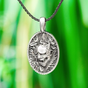 Silver Oni Mask Pendant, Japanese Hannya Necklace, Sterling Samurai ...
