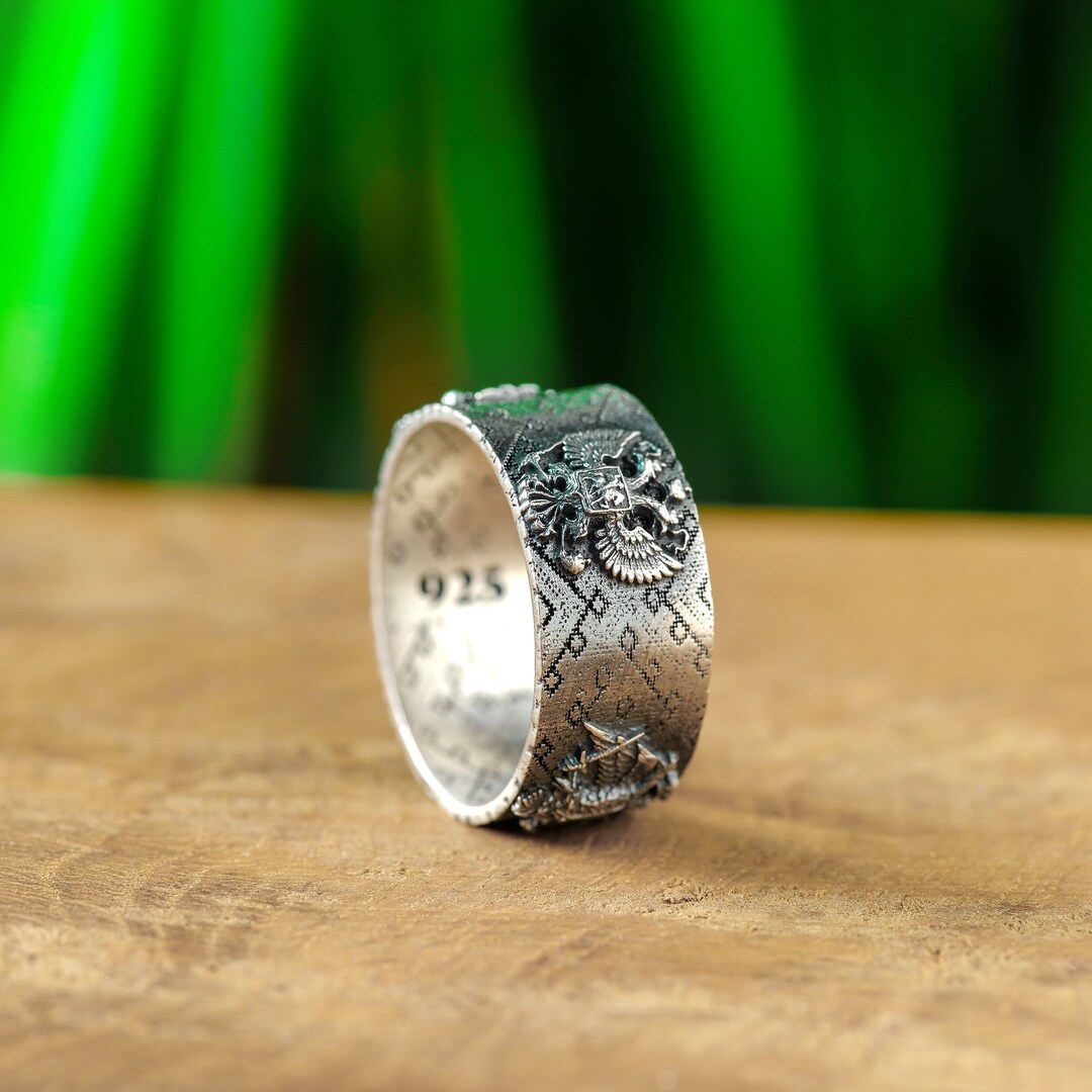 Double Headed Eagle Ring, Sterling Silver Eagle Wide Band, Two Headed ...