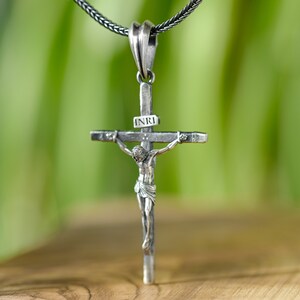 Mens Crucifix Necklace Silver Jesus Cross Pendant Sterling Christian ...