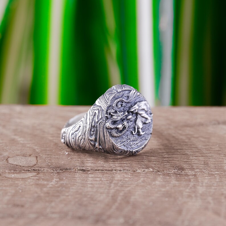 Dragon Tiger Sterling Silver Signet Ring, Asian Mythology Fantasy Ring ...