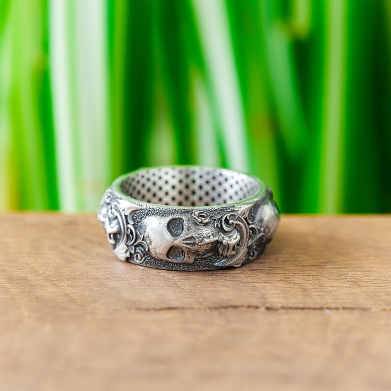 Sterling Silver Skull Ring, Gothic Skeleton Band, Gift for Him - Etsy