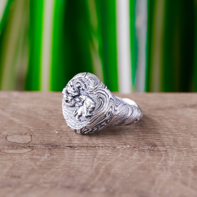 Dragon Tiger Sterling Silver Signet Ring, Asian Mythology Fantasy Ring ...