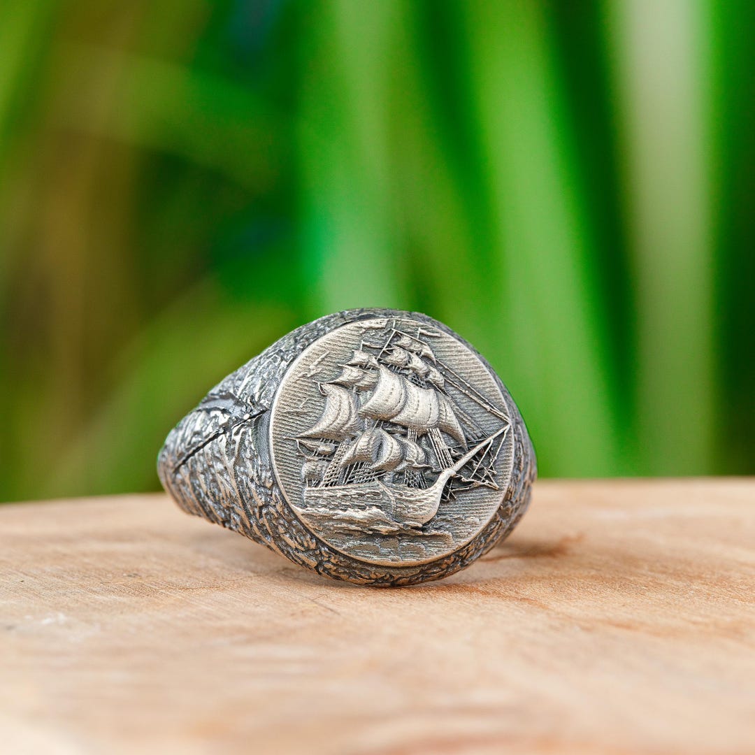 Ship Signet Ring - Sterling Silver Navy Ring for Mens Nautical Ring ...