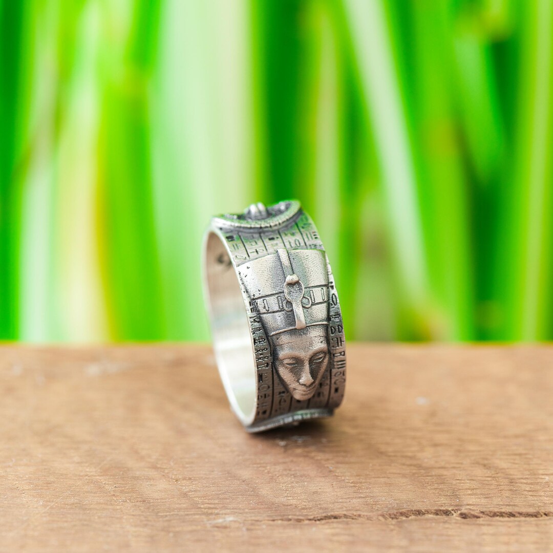 Sterling Silver Nefertiti Ring, Engraved Scarab & Hieroglyphs - Etsy