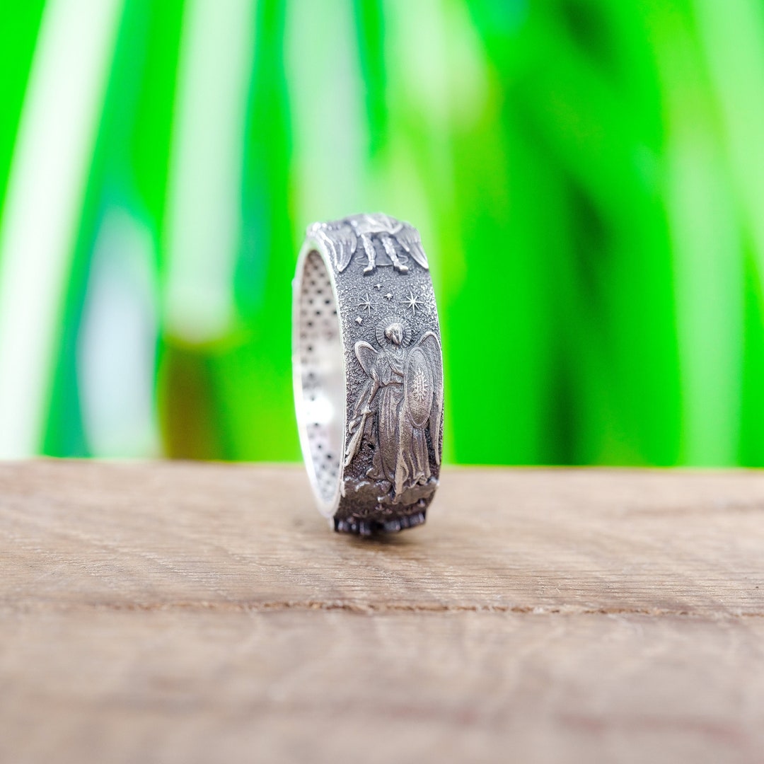 Saint Michael Archangel Ring, Silver Christian Pinky Band, Mens ...