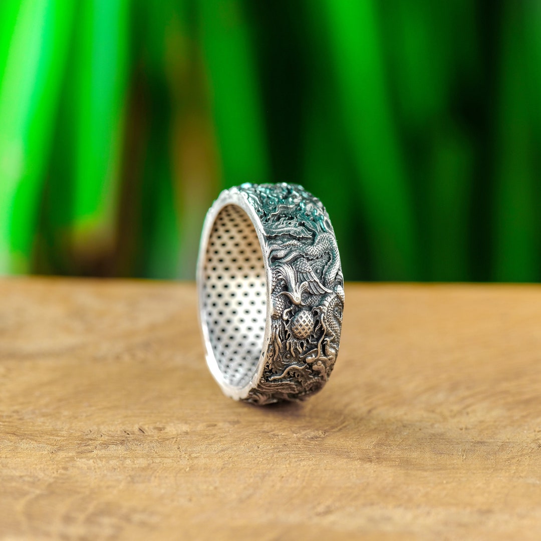 Dragon Phoenix Ring Silver Japanese Mythology Band Men Chinese Art Ring ...