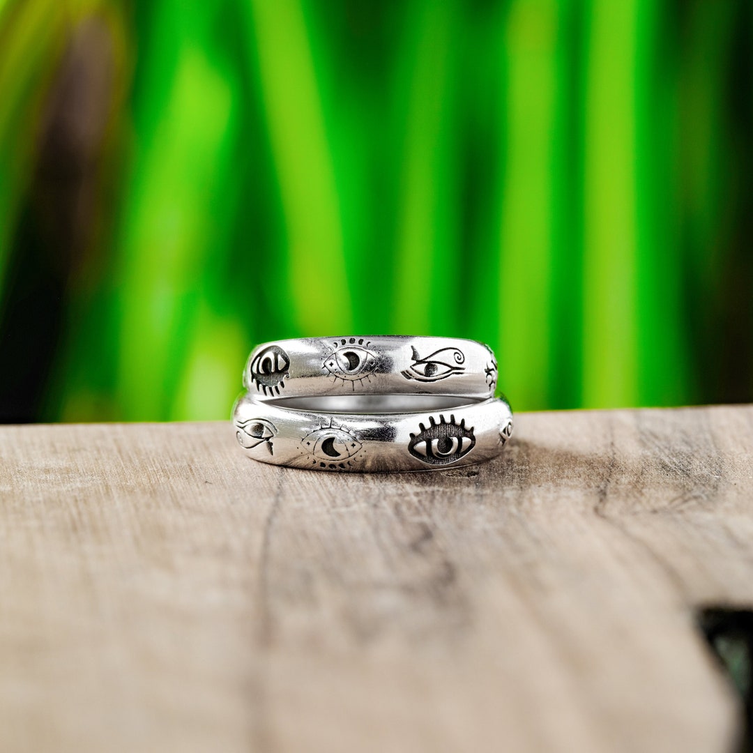 Engraved Infinity Eye Rings for Womens & Mens Silver Evil Eyes Band ...