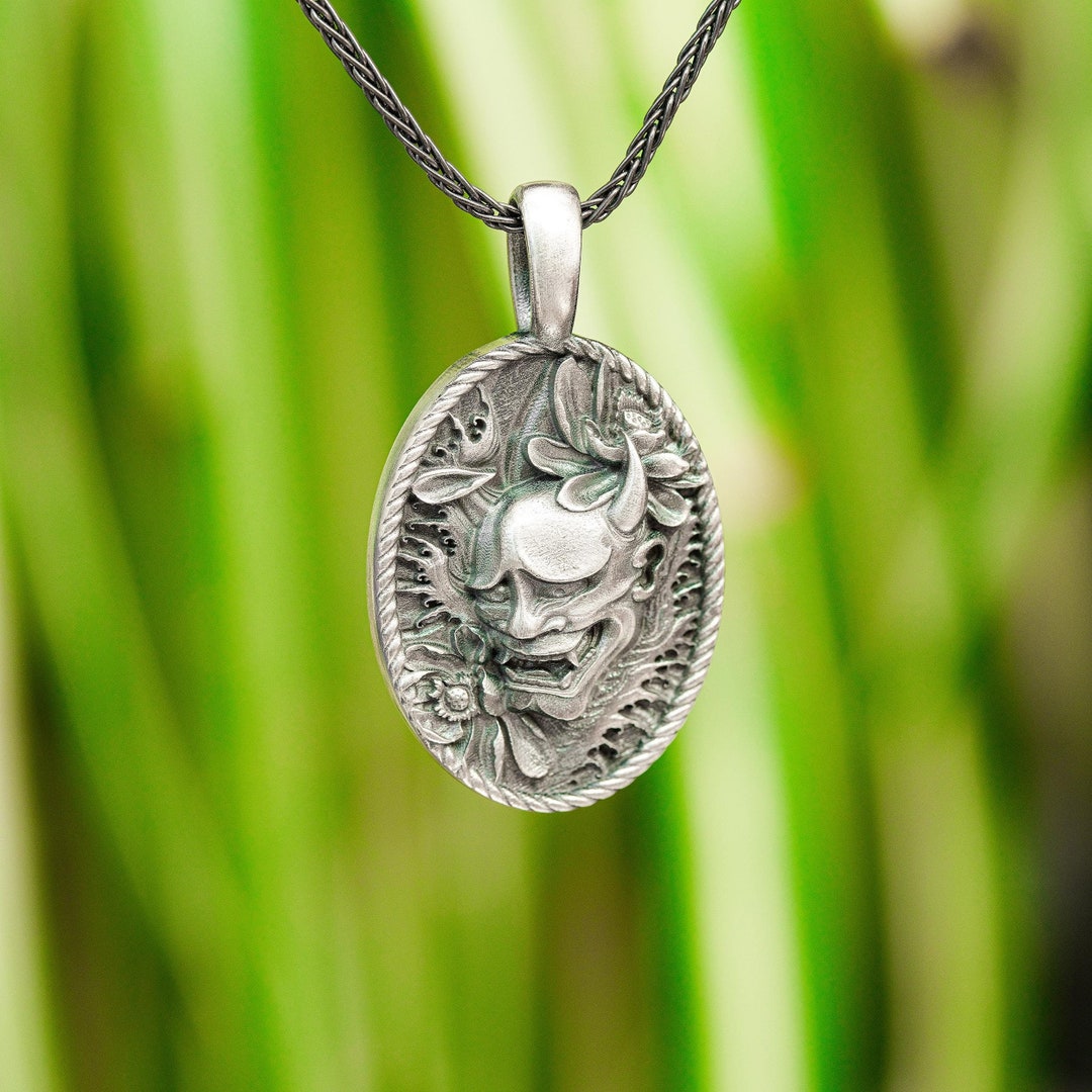 Silver Oni Mask Pendant, Japanese Hannya Necklace, Sterling Samurai ...