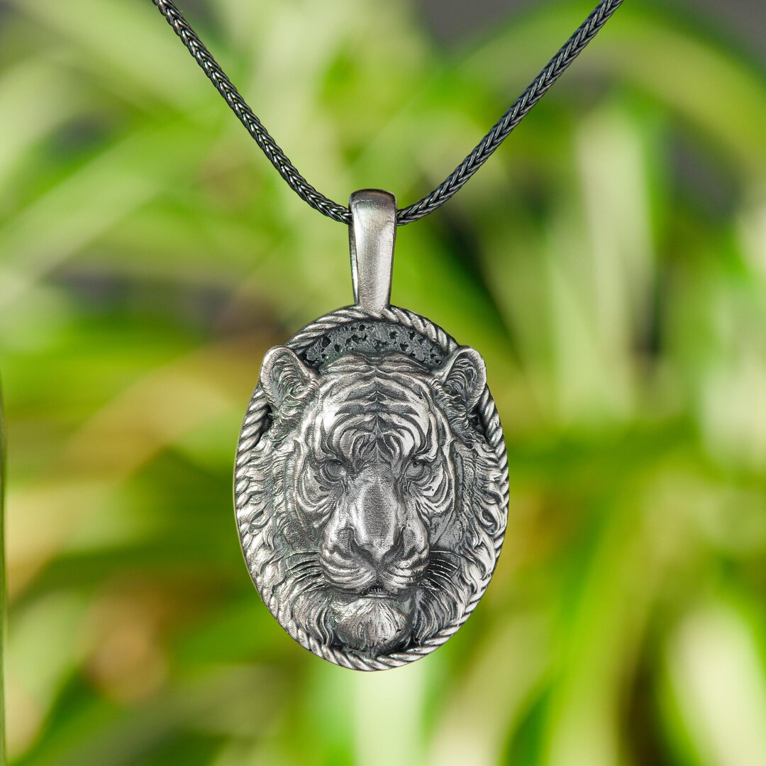 Silver Asian Tiger Necklace, Roaring Angry Wild Animal Silver Necklace ...