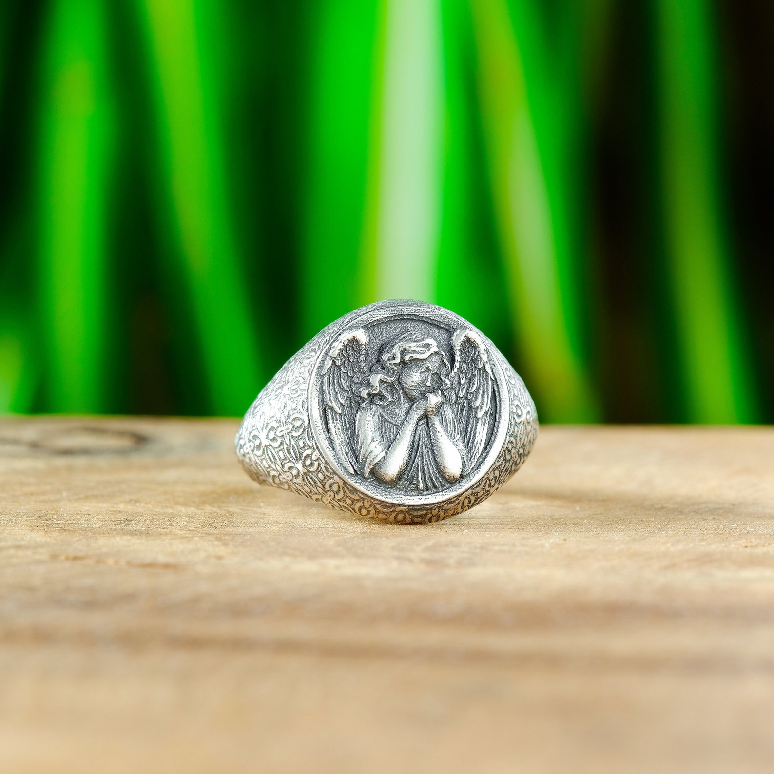 Guardian Winged Angel Woman Praying Ring, Mens Christian Signet Ring ...