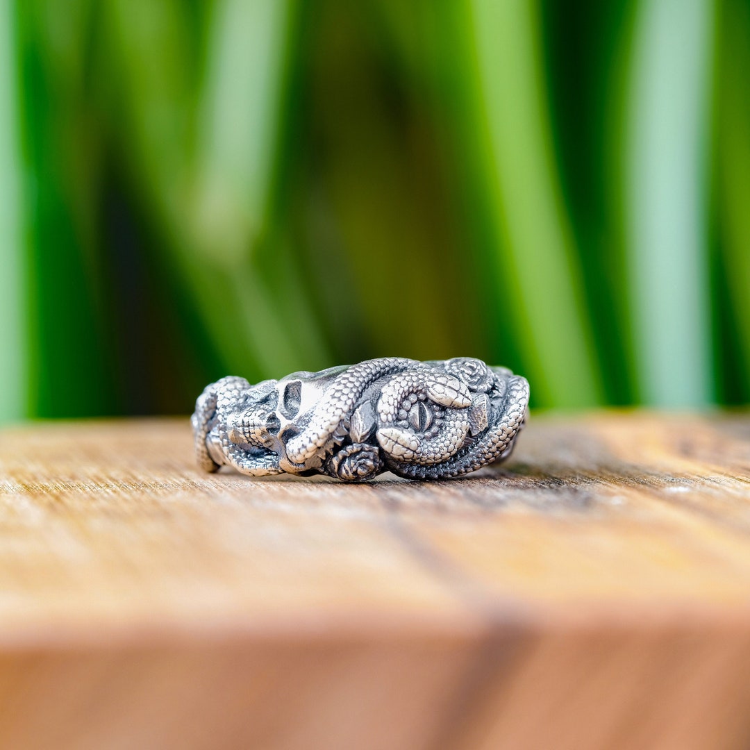 Skull Snake Rings for Mens Serpent Rose Pinky Ring Gothic Wedding Band ...