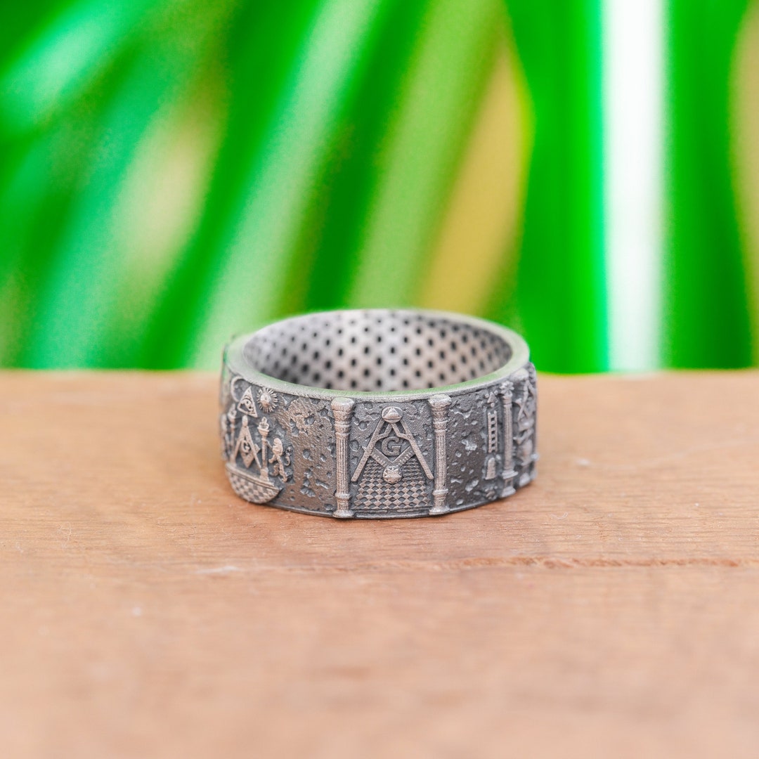 Masonic Rings for Men Silver Freemason Ring Unique Oxidized Mason Band ...