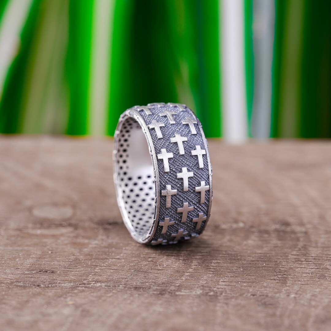 Mens Cross Ring Engraved Christian Rings Sterling Silver Religious ...