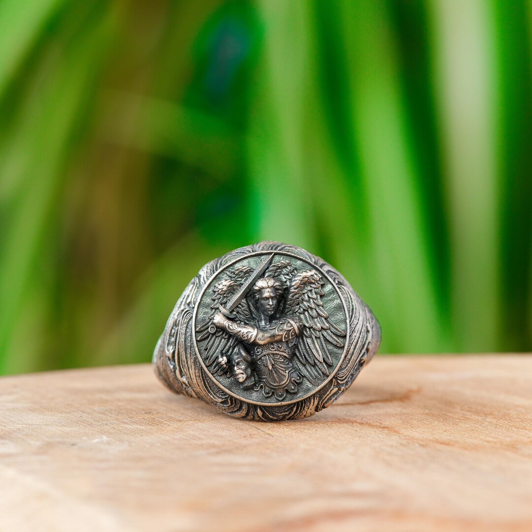 Archangel Signet Ring - Sterling Silver Catholic Ring Men St Michael ...