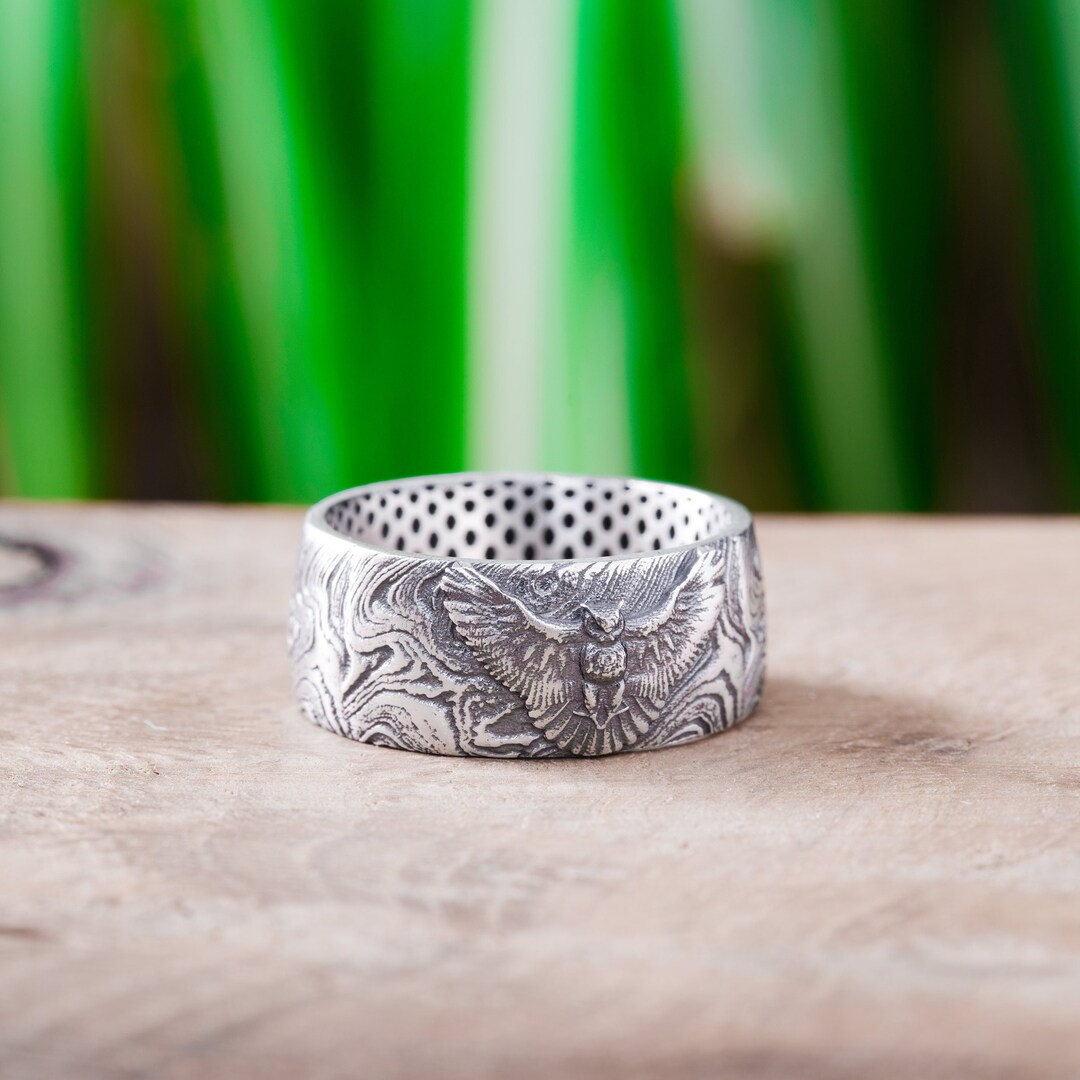 Silver Owl Ring for Men Damascus Pattern Sterling Band, Vintage Style ...