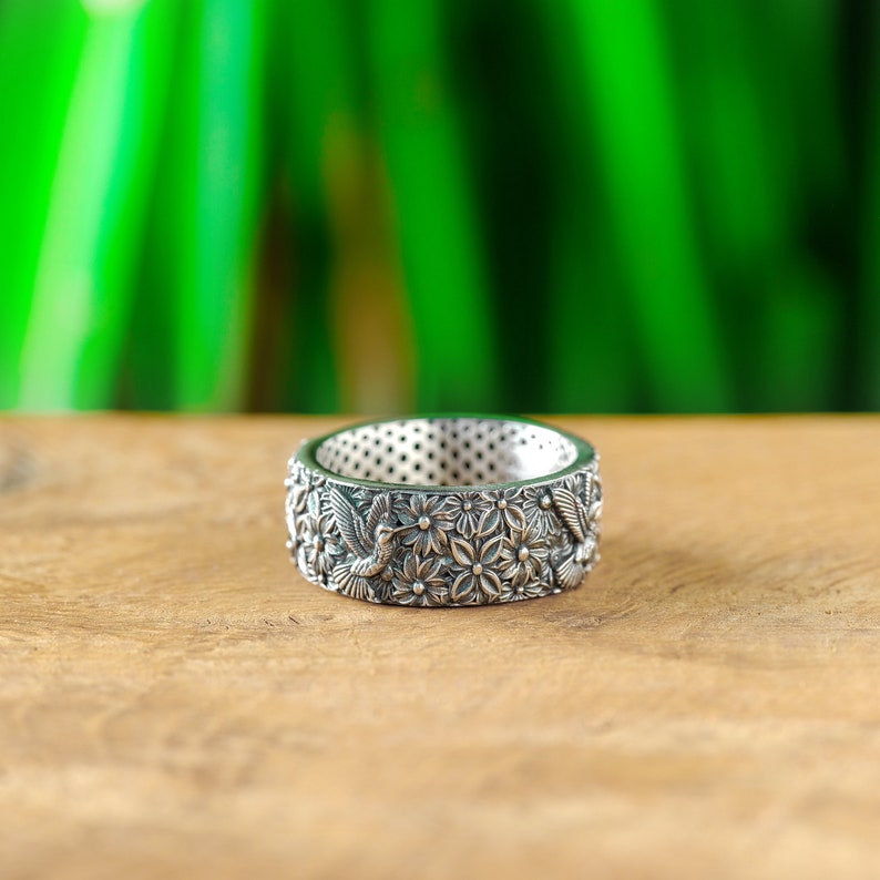 Sterling Silver Hummingbird Ring, Floral Band, Unisex Jewelry - Etsy