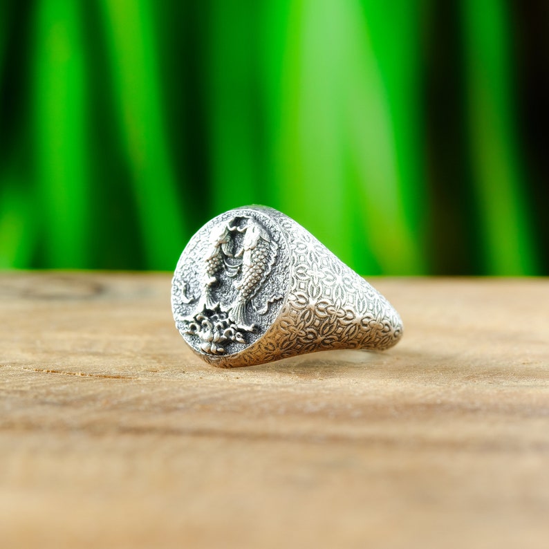 Koi Fish Signet Ring, Carp Japanese Lotus Pinky Ring, Silver Goldfish ...