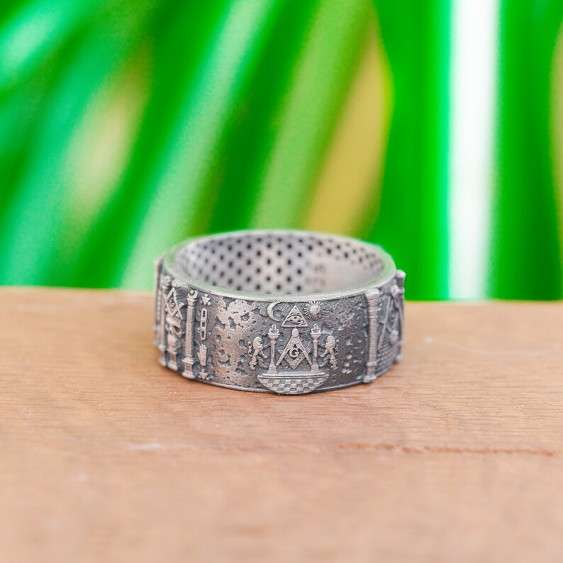 Masonic Rings for Men Silver Freemason Ring Unique Oxidized Mason Band ...