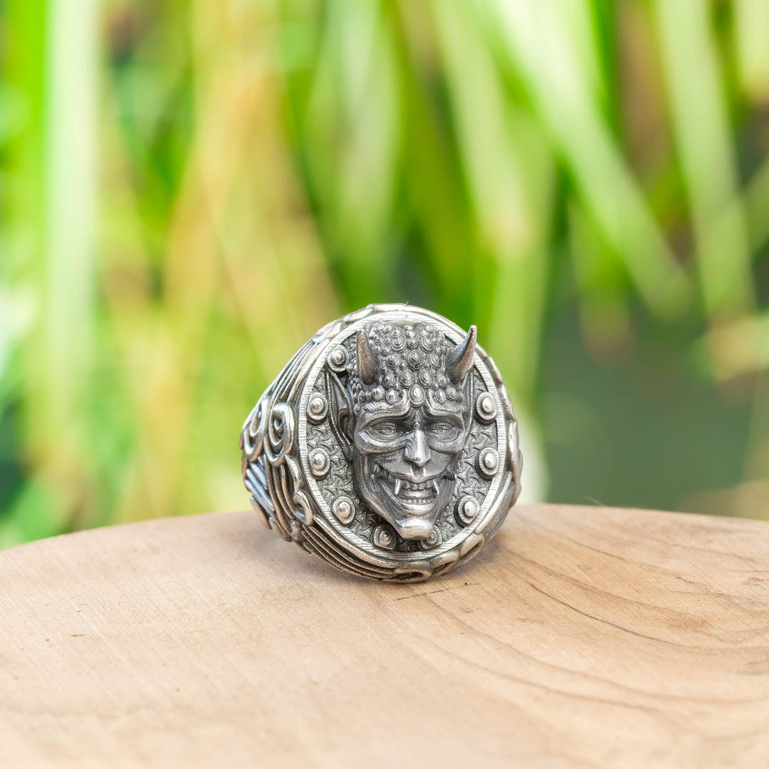 Oni Japanese Art Mens Ring in Silver, Demon Engraved Signet Ring for ...