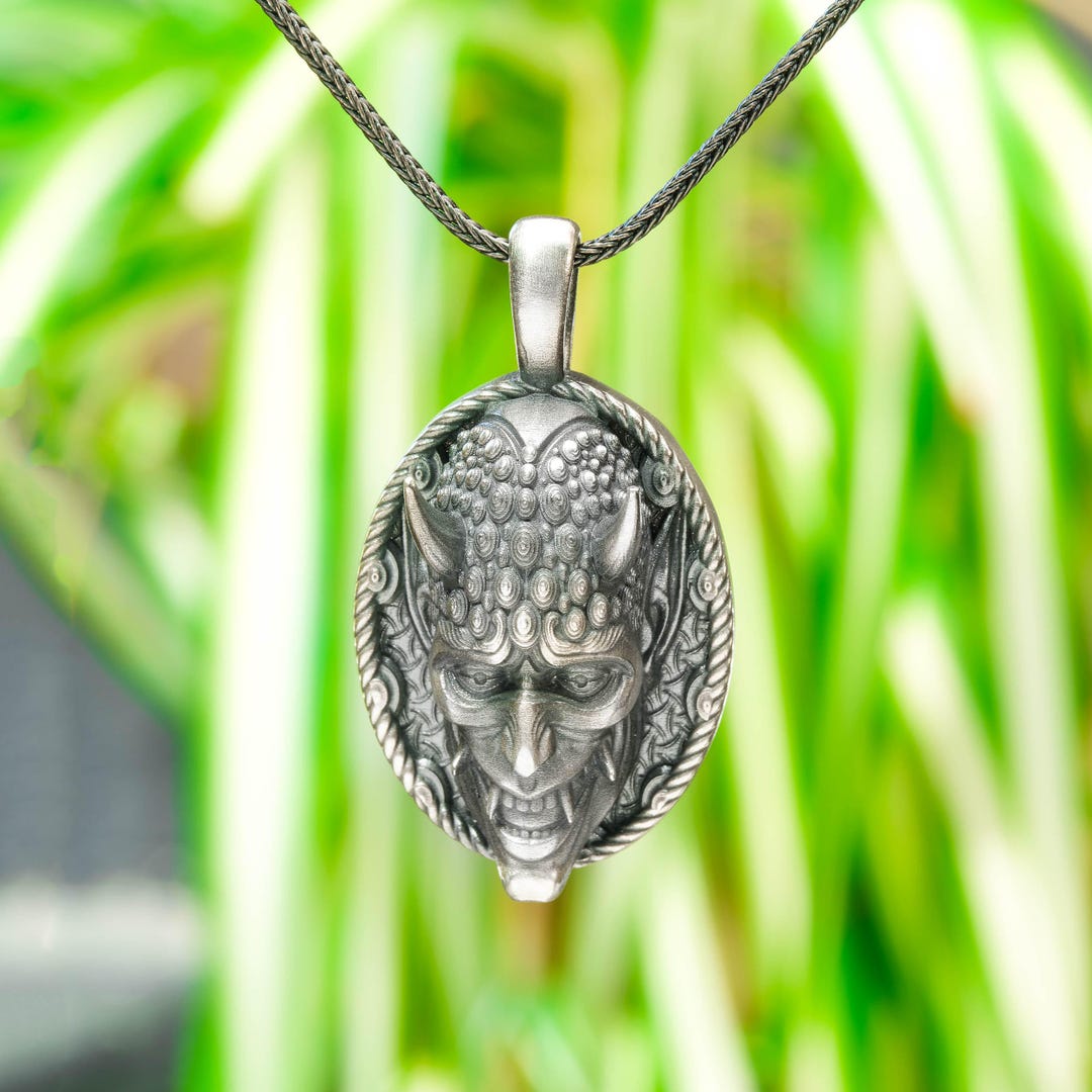 Japanese Hannya Necklace, Sterling Samurai Jewelry Silver Oni Mask ...