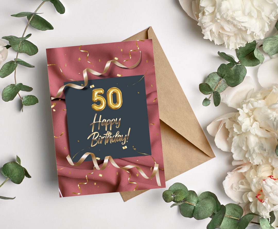 Printable Happy 50th Birthday Card With Dark Pink Gold Design, Greeting ...