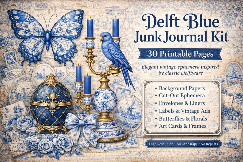 Digital Kit Printable Pages Delft Blue Ephemera and Embelishments for ...
