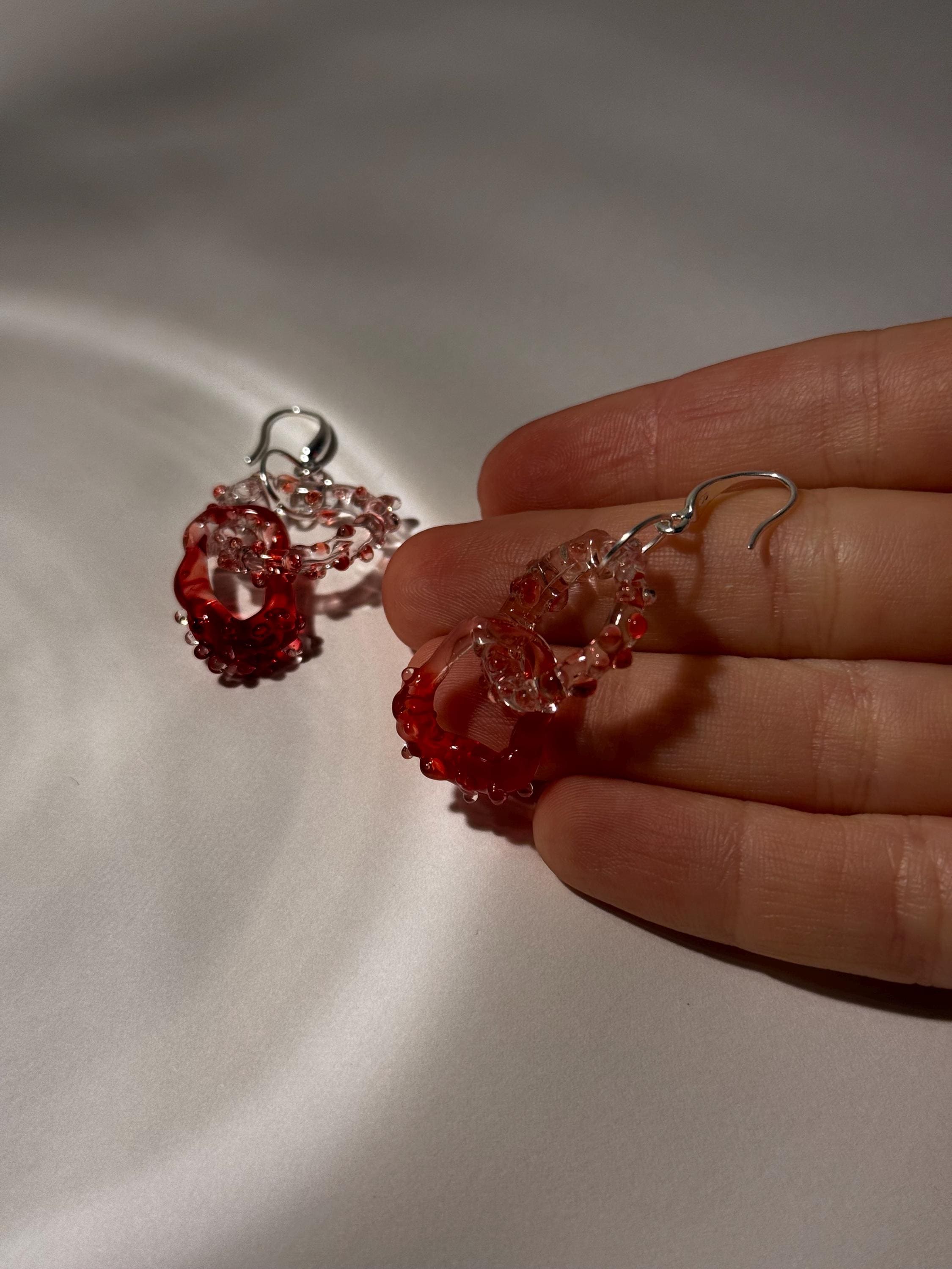 Handcrafted Red Borosilicate Glass Earrings: Silver Chainlink Charms - Etsy